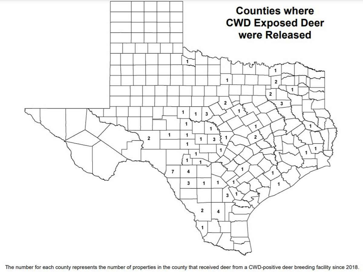 The 44 Texas counties with CWD-exposed release sites