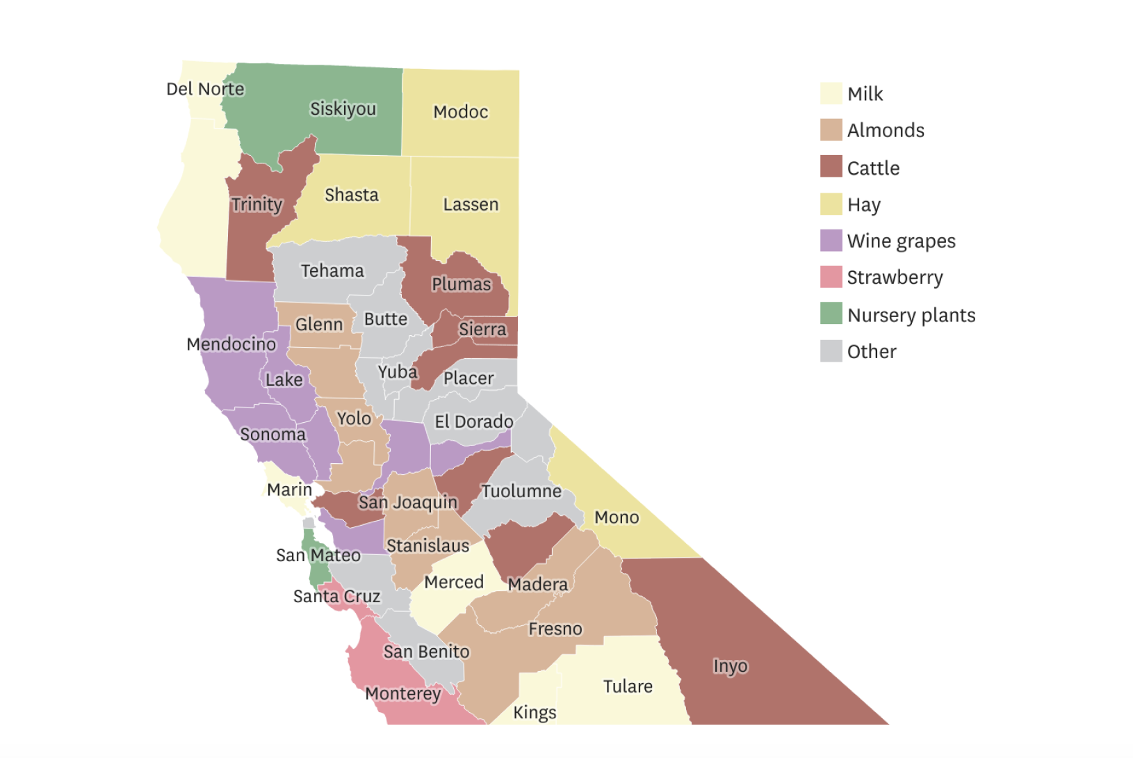 Here are the top crops in each California county
