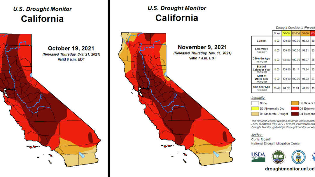 Map shows drought conditions in California before and after storms