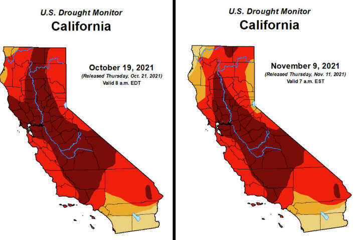 Map shows drought conditions in California before and after storms