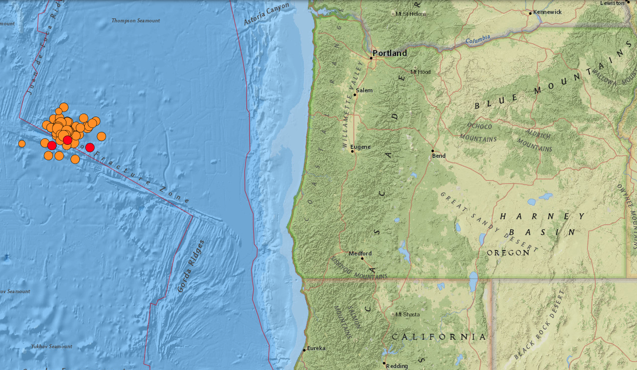 60 earthquakes strike off Oregon coast, with largest reaching magnitude 5.8