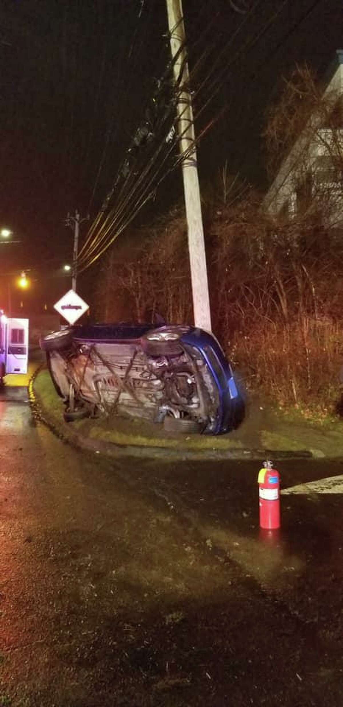 Car Crash Sends Two To Hospital Snaps Utility Pole In Westport