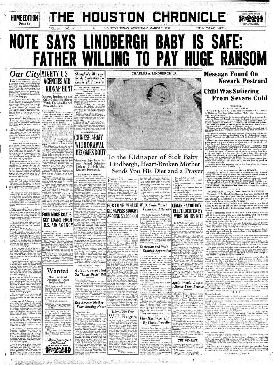 This day in history, March 2, 1932: Lindbergh kidnapping dominates ...
