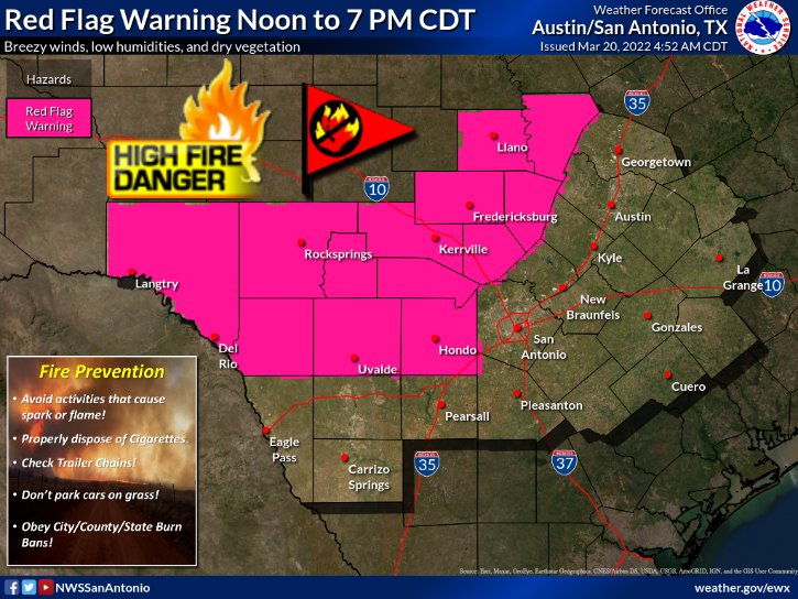 Red flag fire warning today in Hill Country, Edwards Plateau, Rio Grande