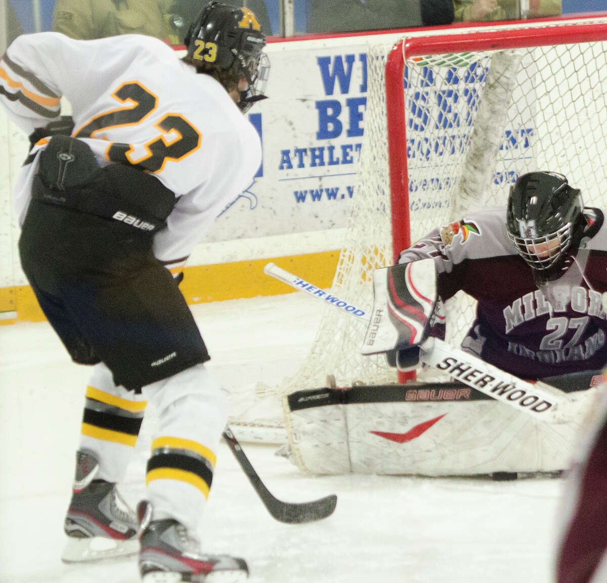 Shea's third-period hat trick leads Amity hockey rally past Milford