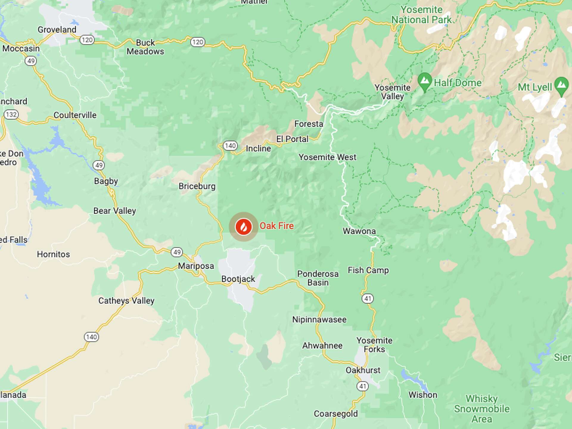 Fire map: See where the Oak Fire is burning near Yosemite