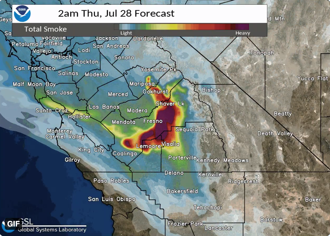 This weather models shows where smoke from Oak Fire is headed
