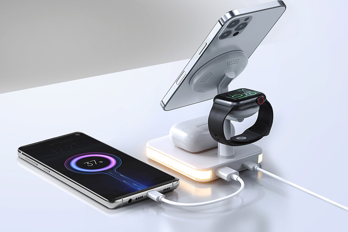 Make your bedside table swanky with this charging station and lamp