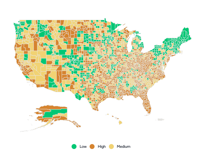 This map shows the COVID-19 risk level in every US county