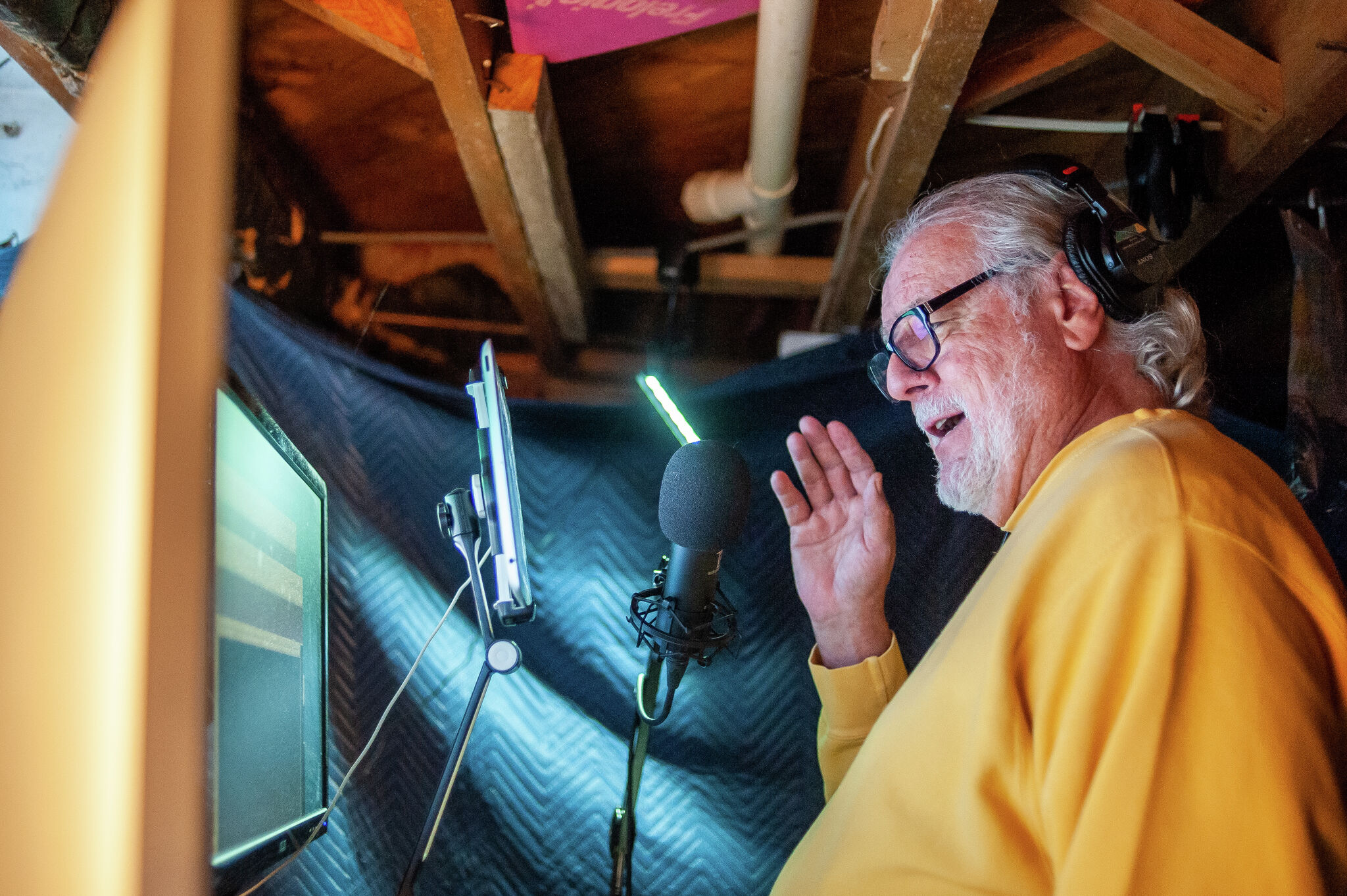 John Tanner of Auburn and Andy Harrington of Midland record audiobooks