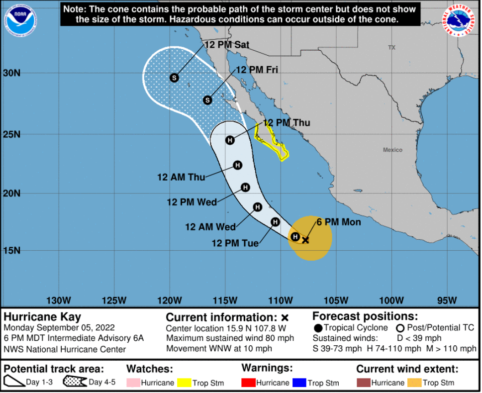 Hurricane Kay churns toward Mexico's Baja coast