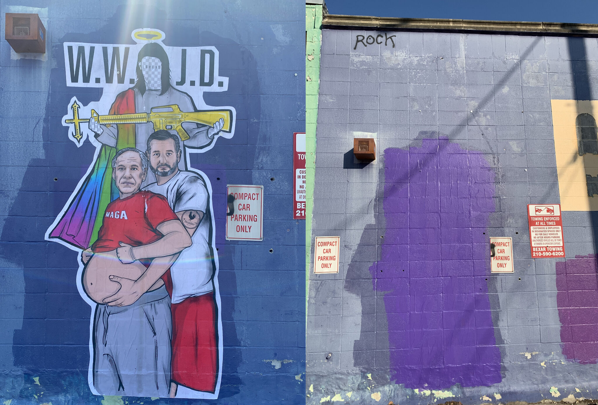 Southtown art of Ted Cruz holding pregnant Abbott covered up