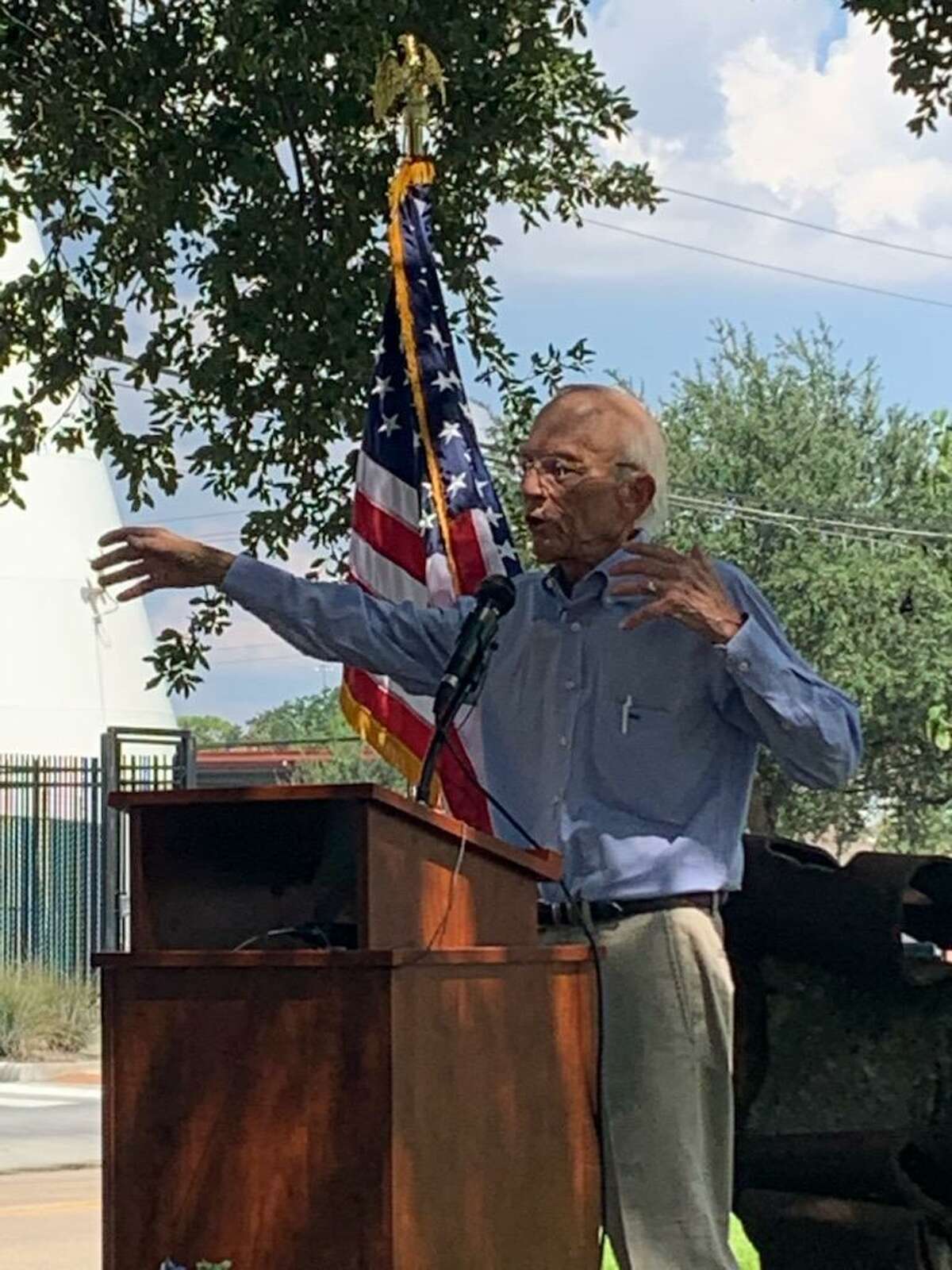 Bellaire officials gather around a piece of the Twin Towers as part of ...