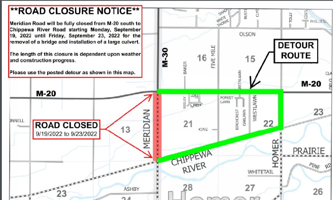 Meridian Road (M-30) closing between M-20, Chippewa River Road from ...