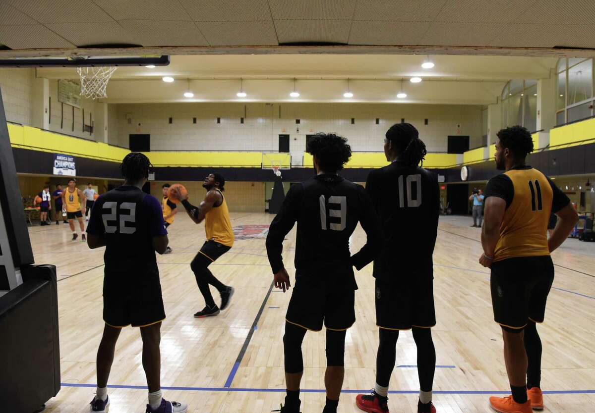 UAlbany men's basketball practicing in converted pool space