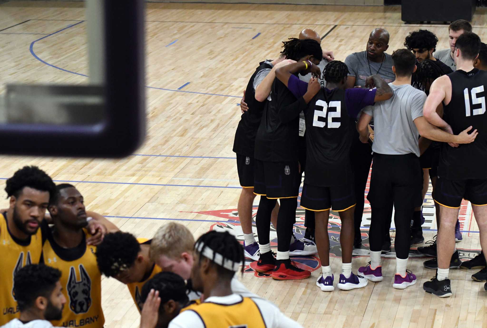 UAlbany men's basketball practicing in converted pool space