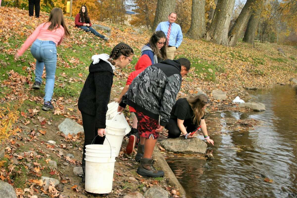 Big Rapids students help restock fish in Muskegon River