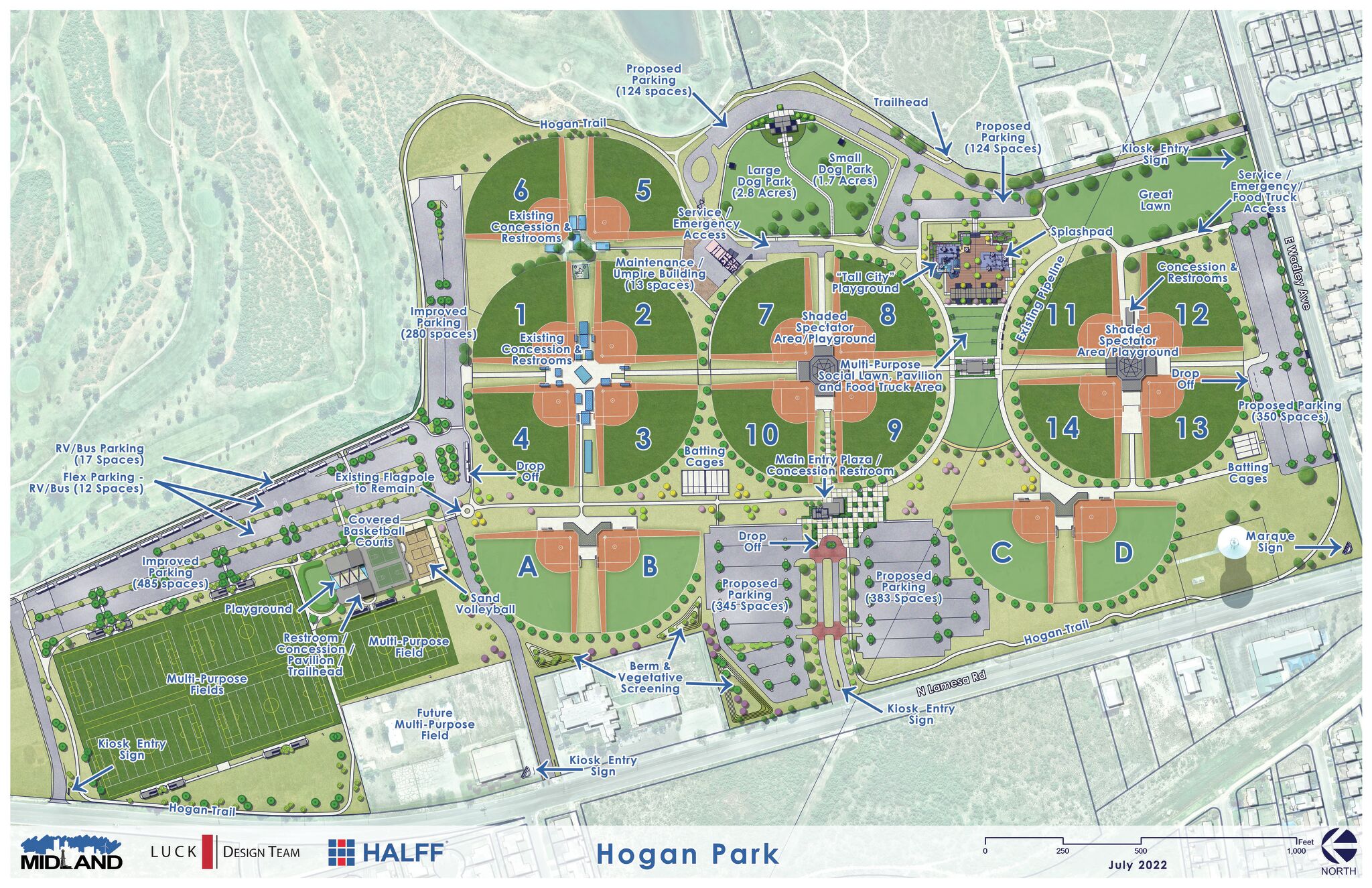 What would be in the new Hogan Park in northeast Midland?