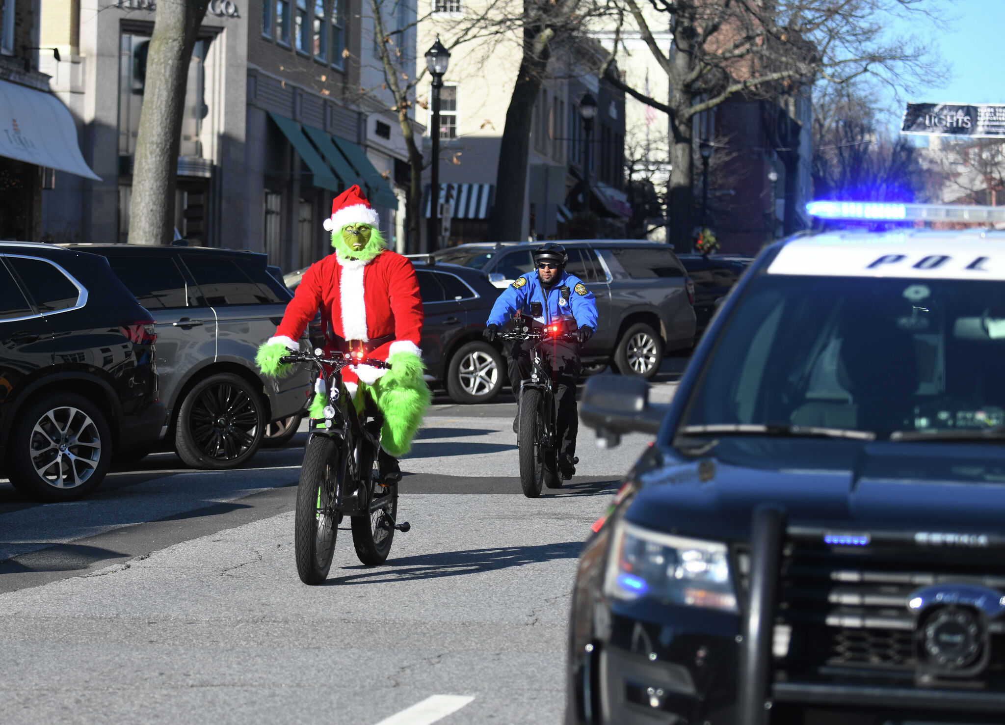 The Grinch 'arrested' on Greenwich Ave. for attempted bike theft