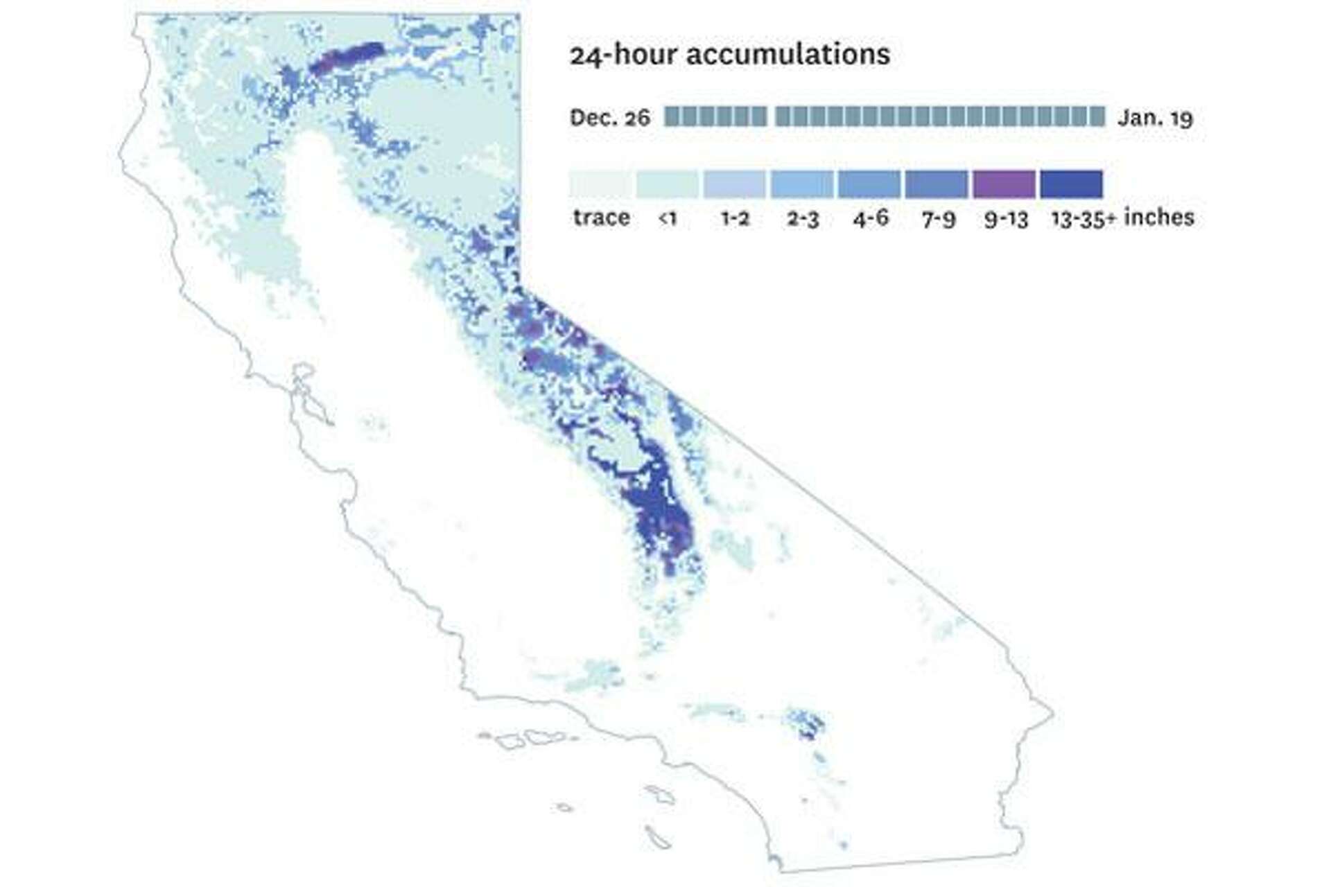 California snowfall amount from recent storms shown on these maps
