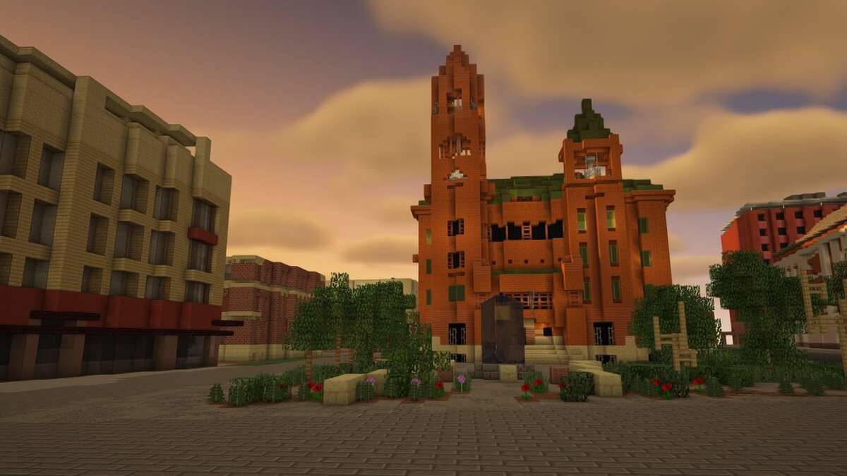 A Minecraft player is building Trinity University, block by block