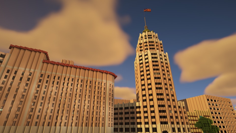 A Minecraft player is building Trinity University, block by block