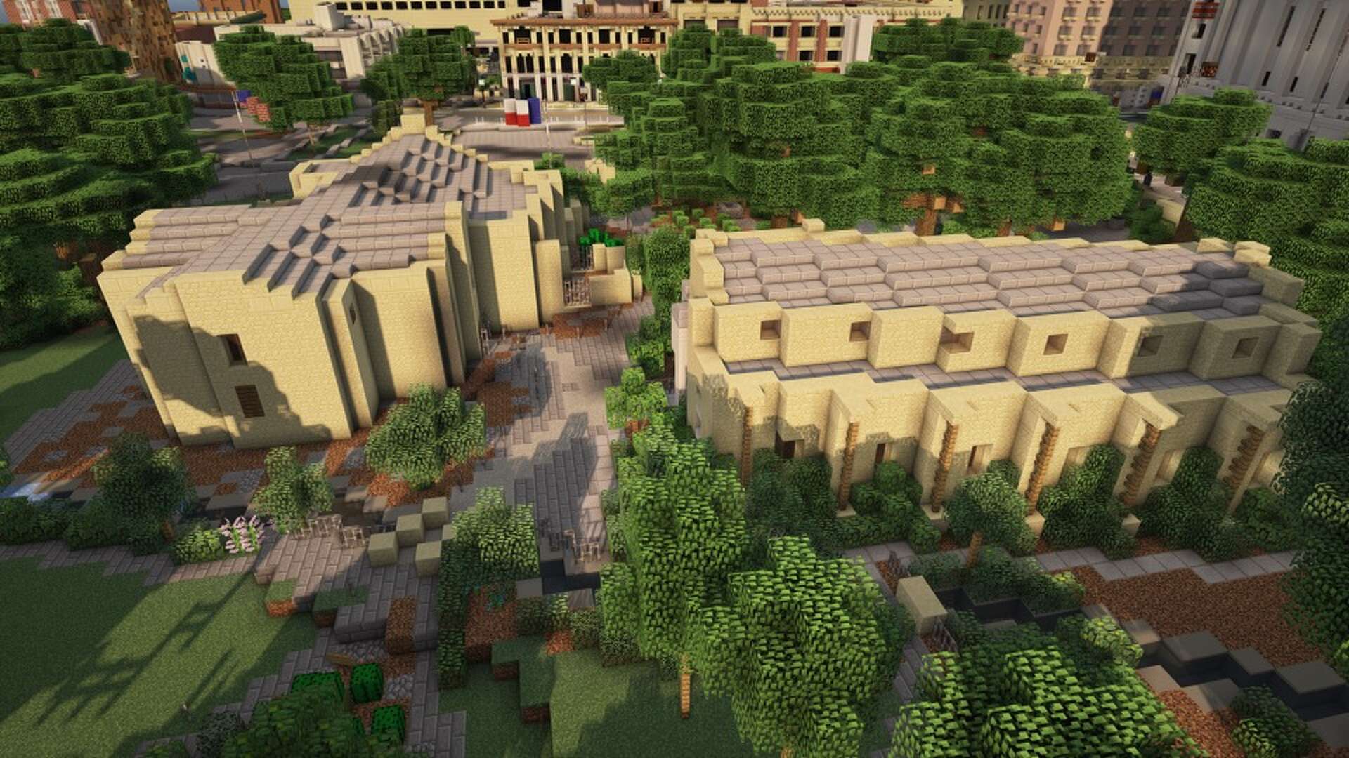 A Minecraft player is building Trinity University, block by block
