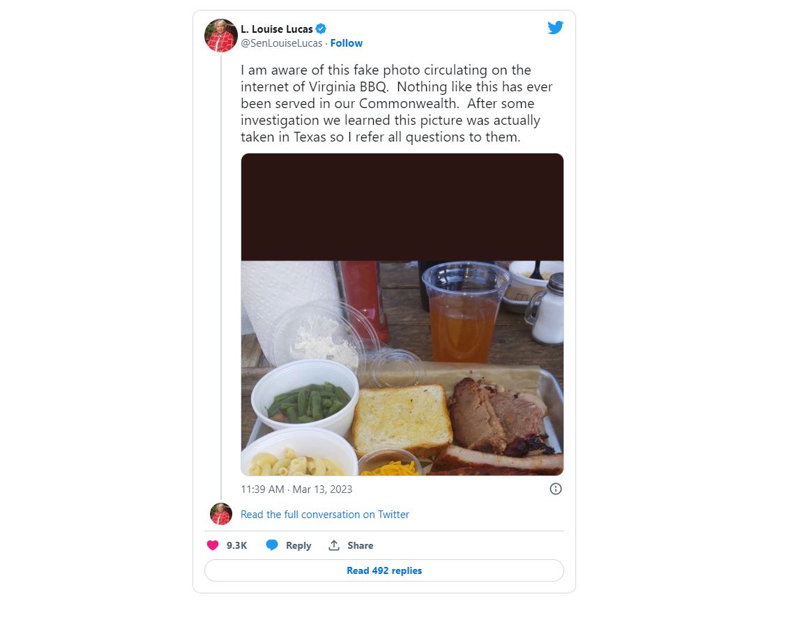 Virginia senator says viral photo of bad barbecue is from Texas