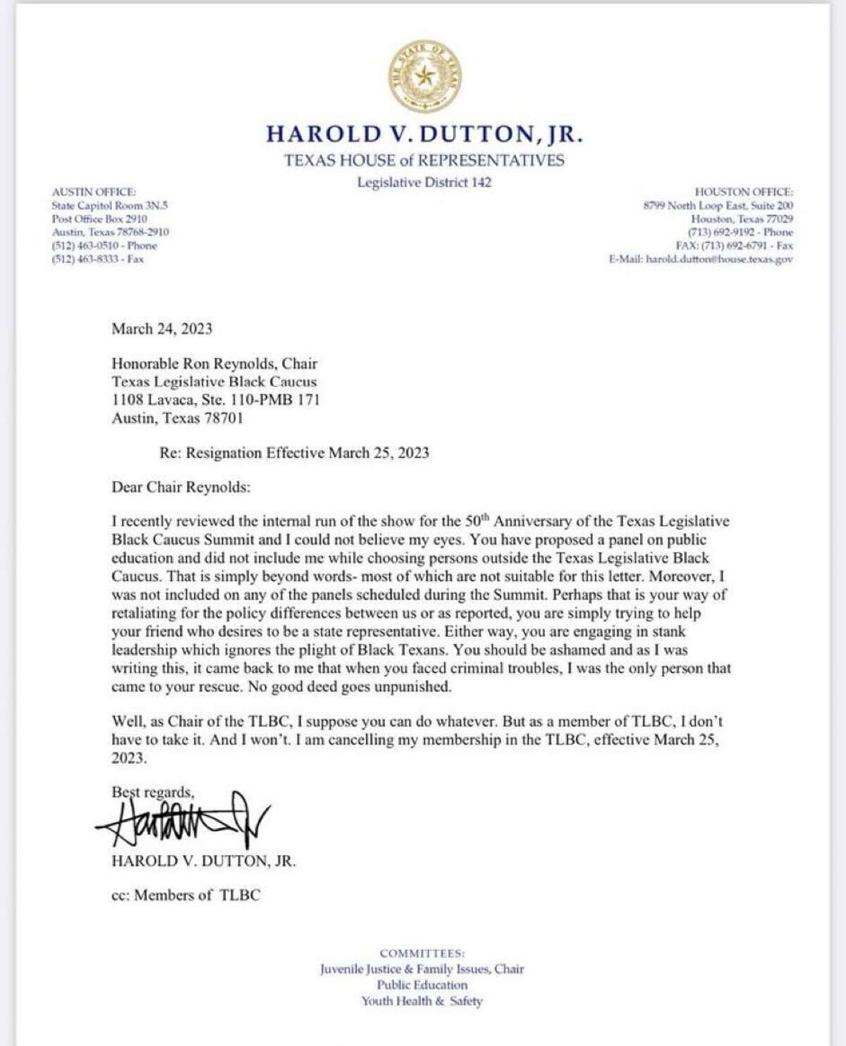 Houston area Rep. Harold Dutton resigns from TX Black Caucus