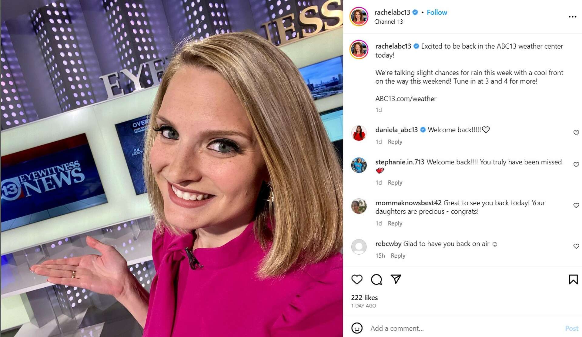 ABC 13 meteorologist returns to Houston TV after her maternity leave