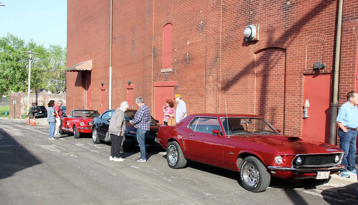 Classic Ford Mustangs gather at Wildey Theatre before 'Bullitt' show