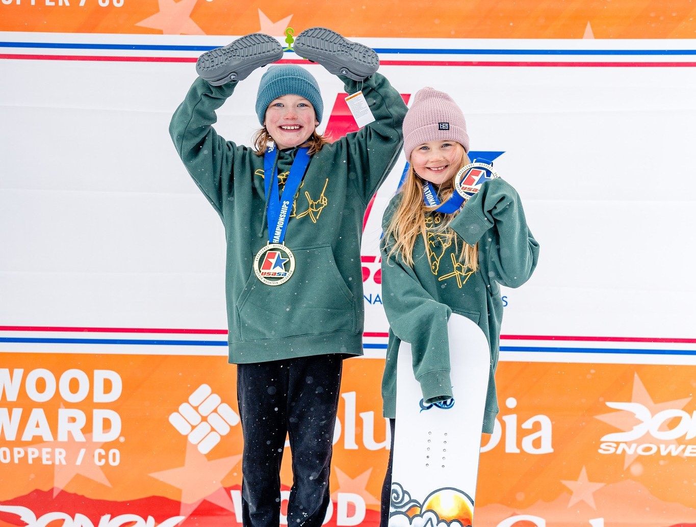 Grayson and Ainsley Petraska both won USASA snowboarding gold medals