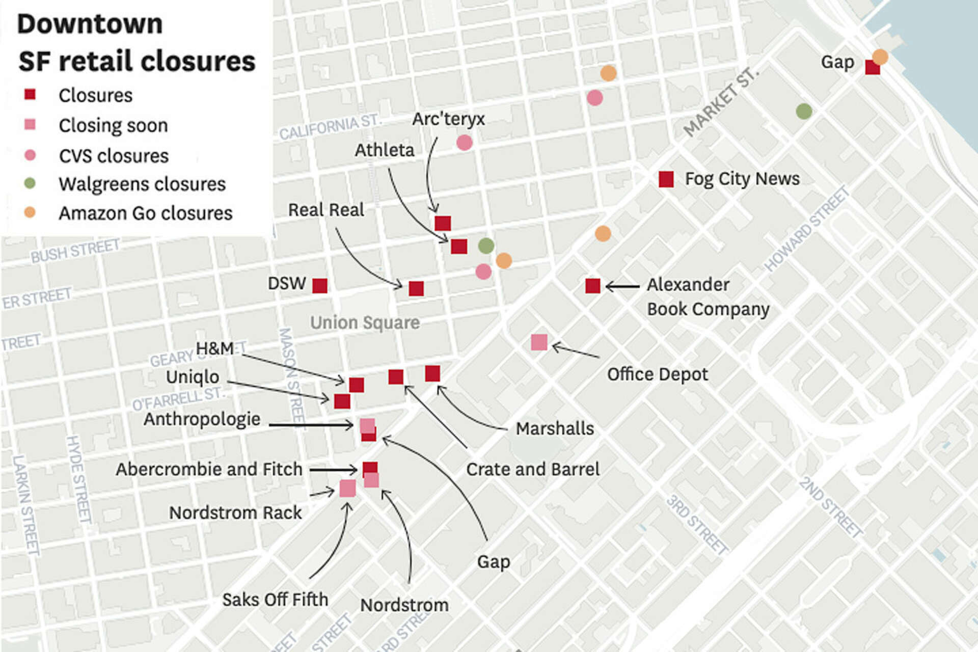 Map: Nordstrom, Walgreens and other downtown SF retail closings
