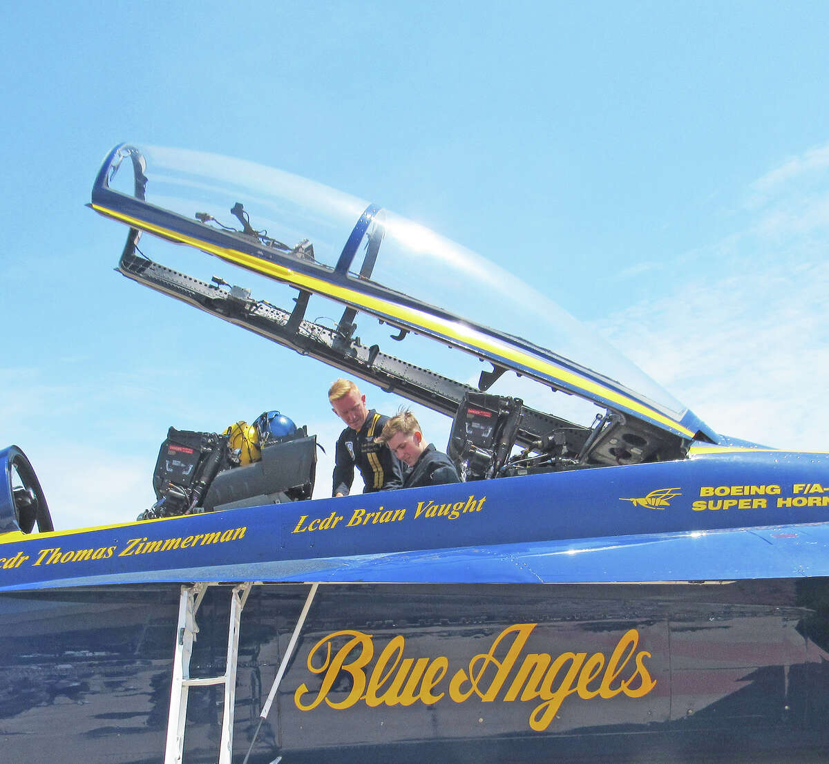 Collinsville principal Daniel Toberman flies with the Blue Angels