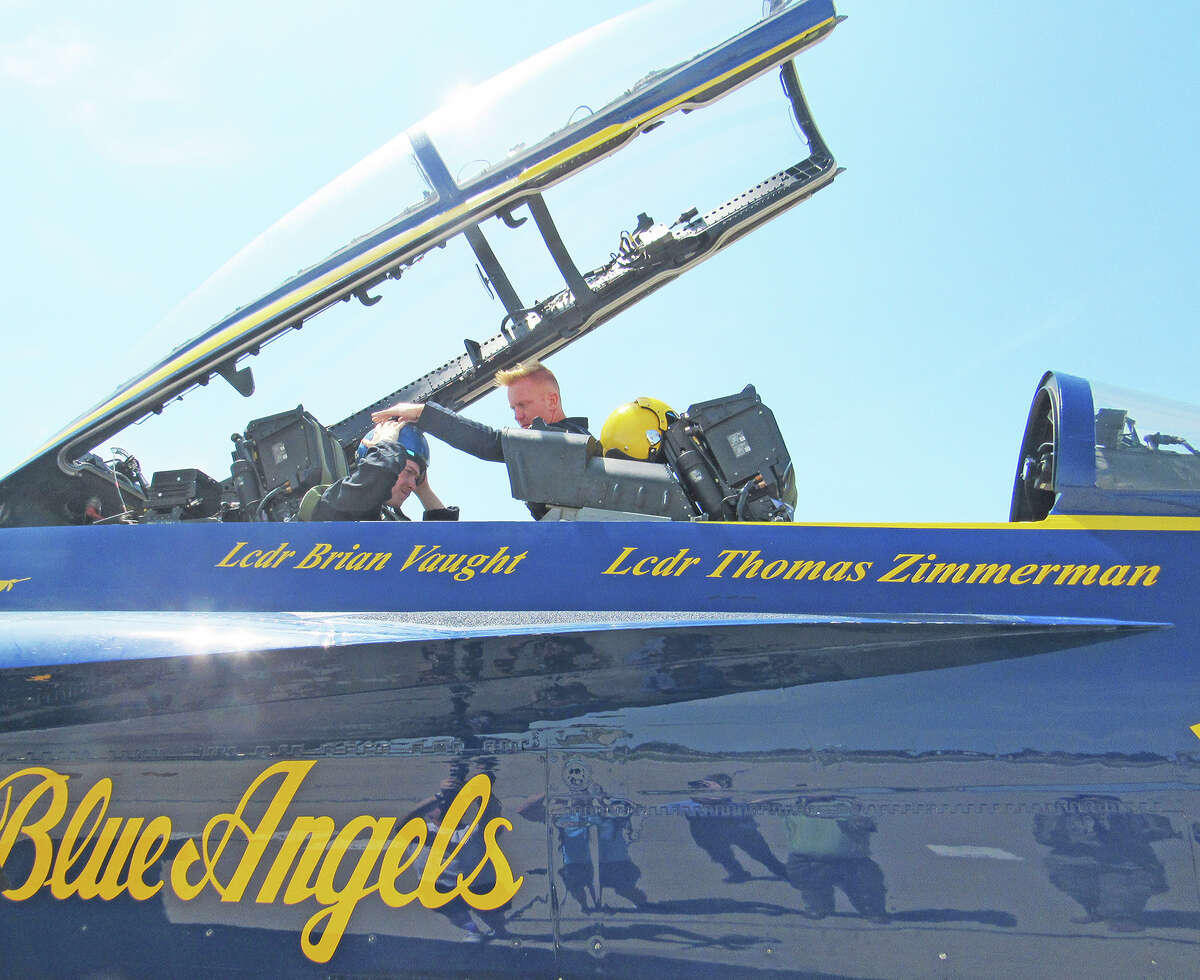 Collinsville principal Daniel Toberman flies with the Blue Angels
