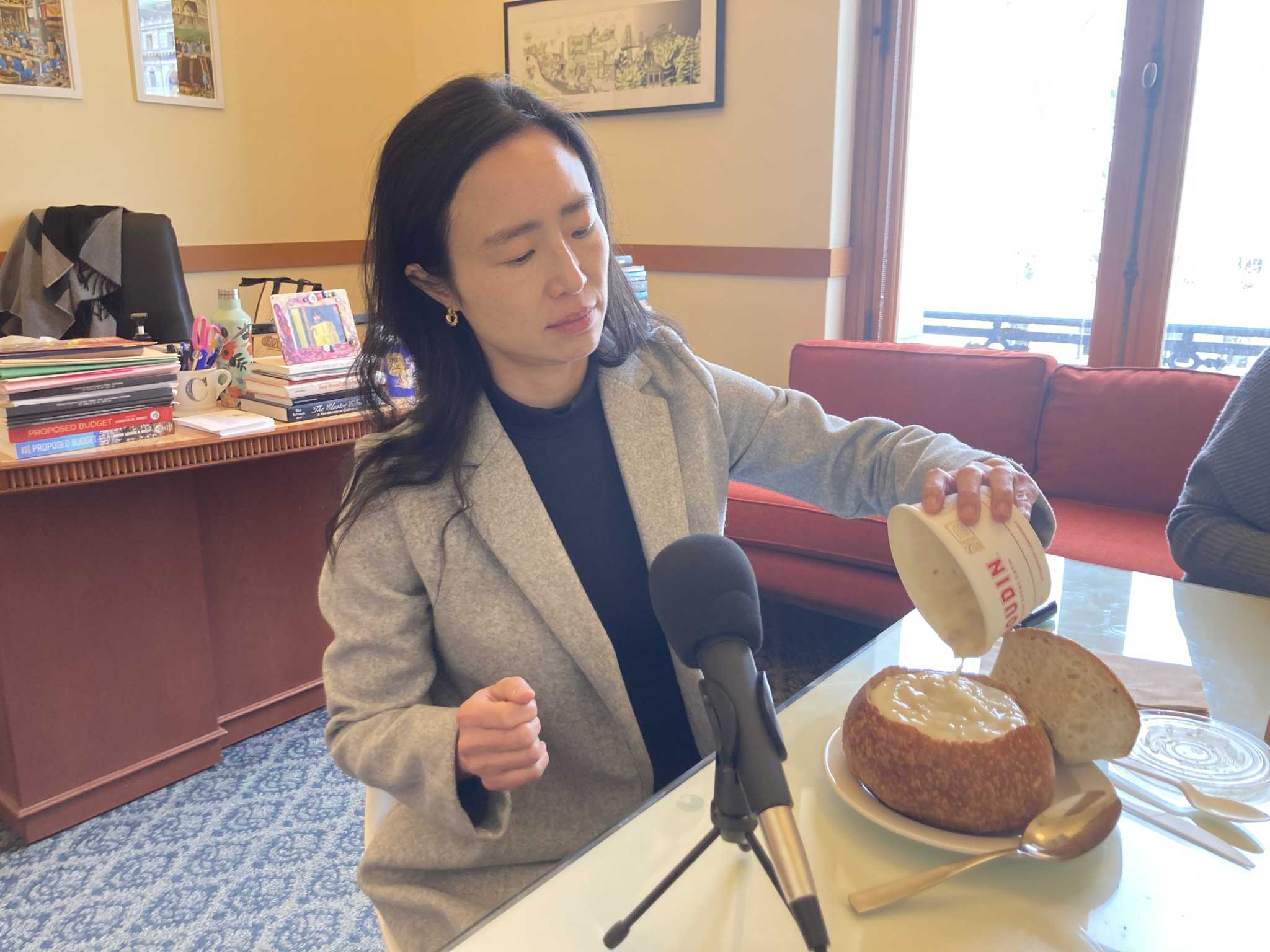 Supervisor Connie Chan digs into the budget and a bread bowl