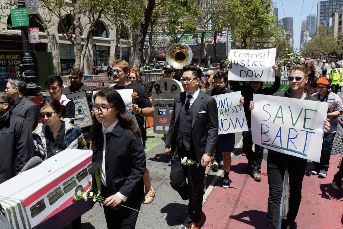 San Francisco, Oakland marchers hold mock funerals for public transit
