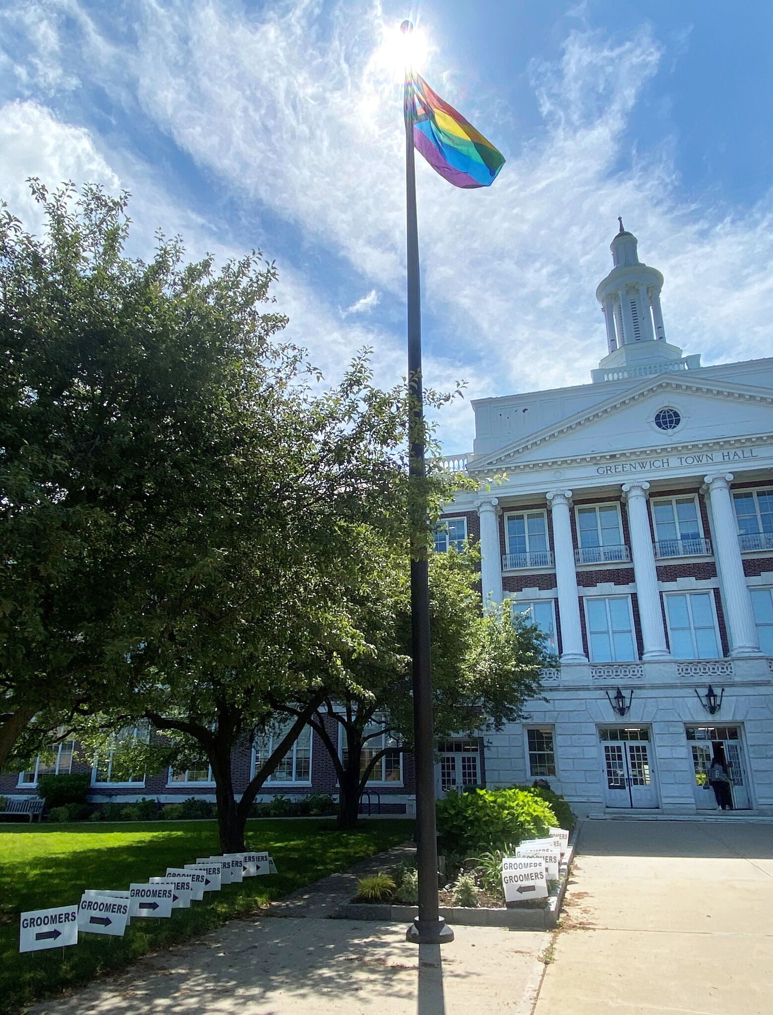 In Greenwich, anti-LGBTQ signs removed from Town Hall lawn