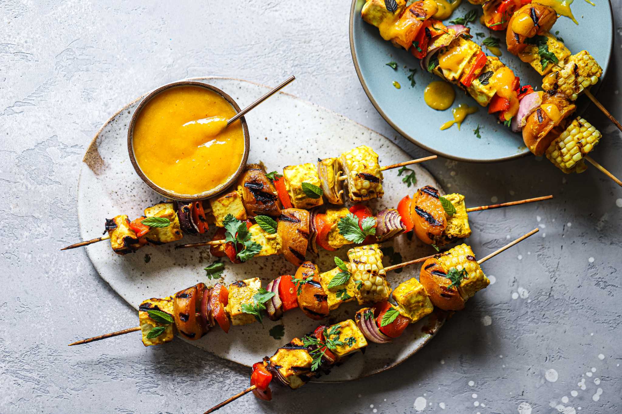 Recipe: Paneer, Corn and Veggie Skewers with Mango Sauce