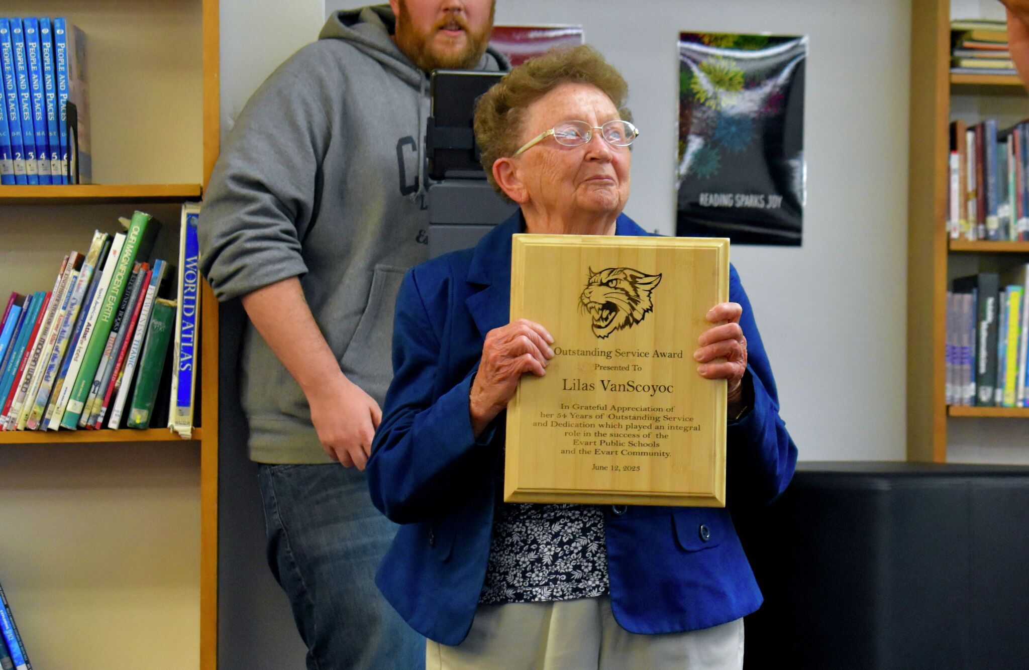 Evart school board honors librarian Lilas VanScoyoc