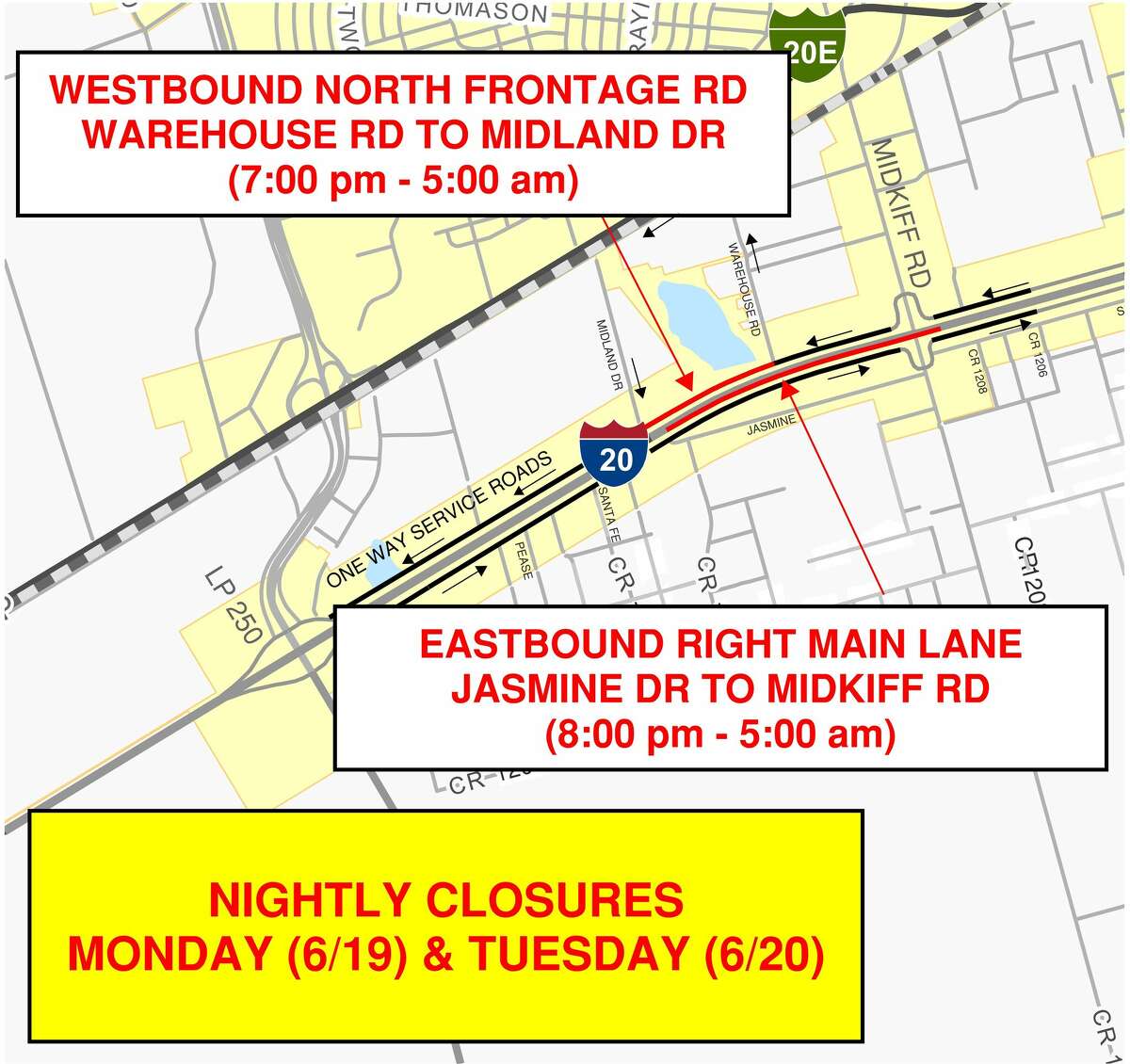 Texas Department of Transportation: I-20 frontage road closures
