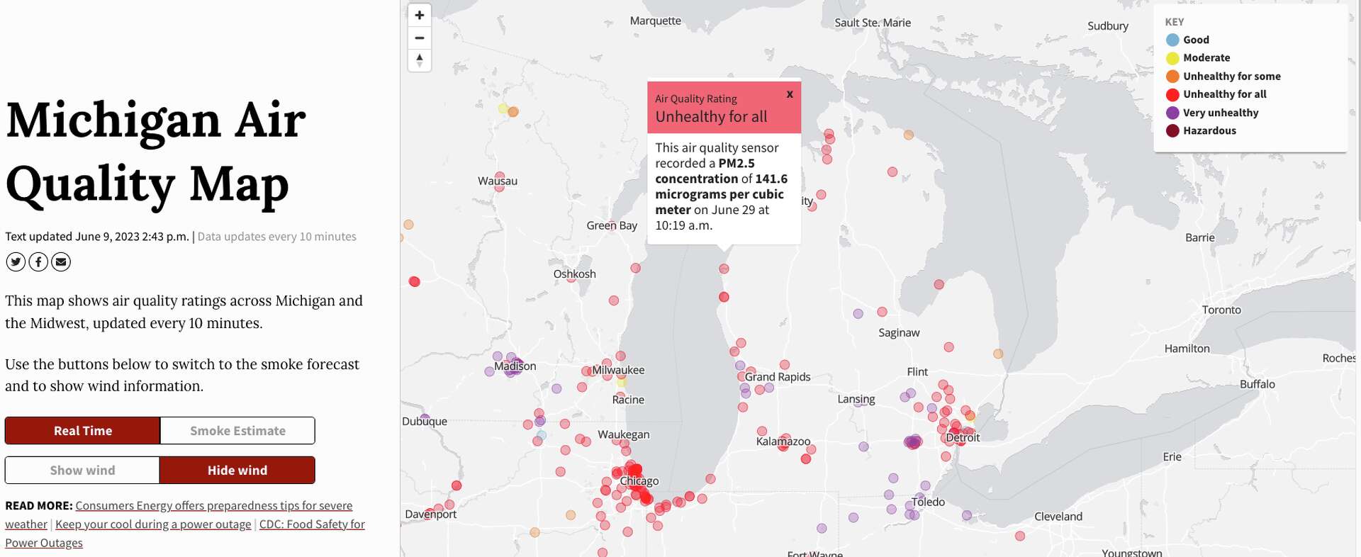 Michigan map shows air quality unhealthy levels for all in region