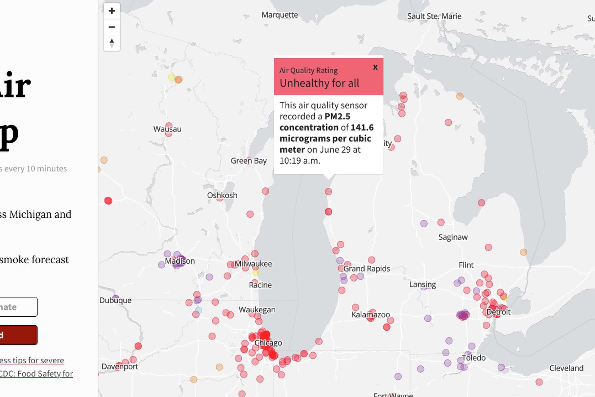 Michigan map shows air quality unhealthy levels for all in region