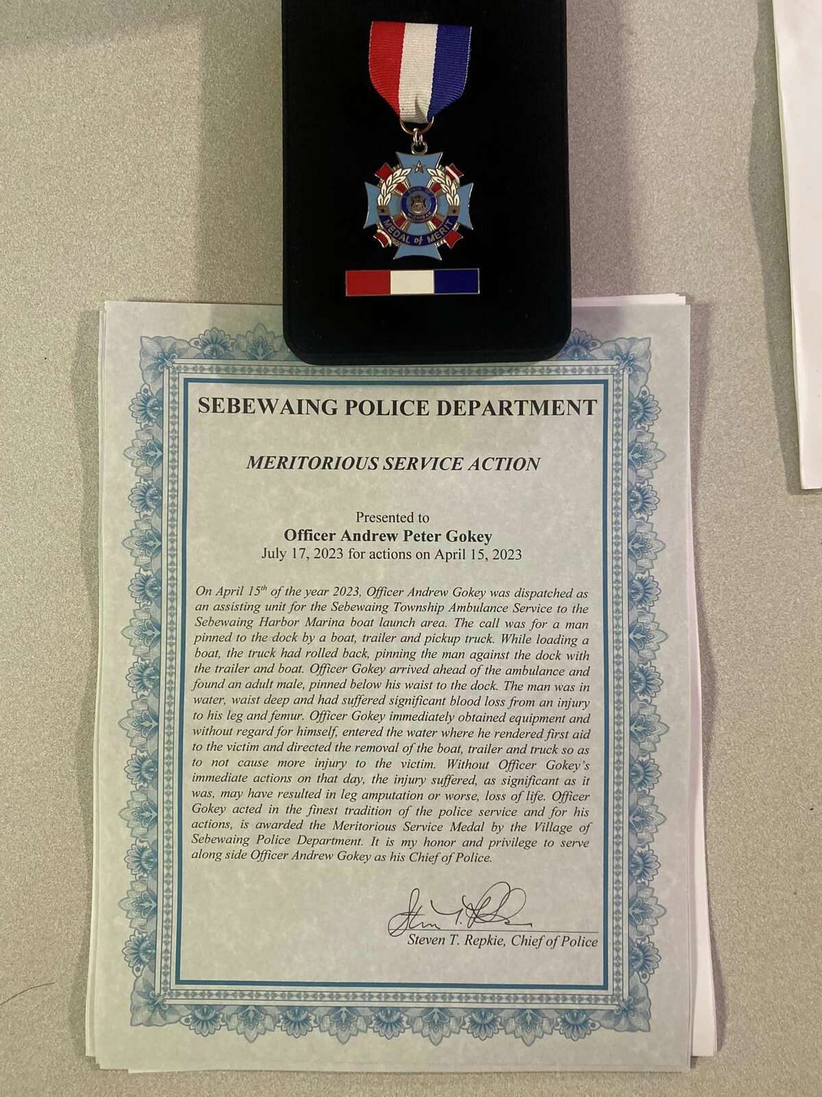 Sebewaing Police Officer Andrew Gokey awarded prestigious medal