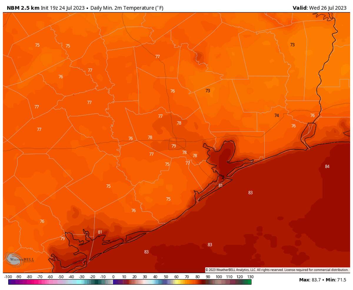 Summer Low Temperatures Texas Map