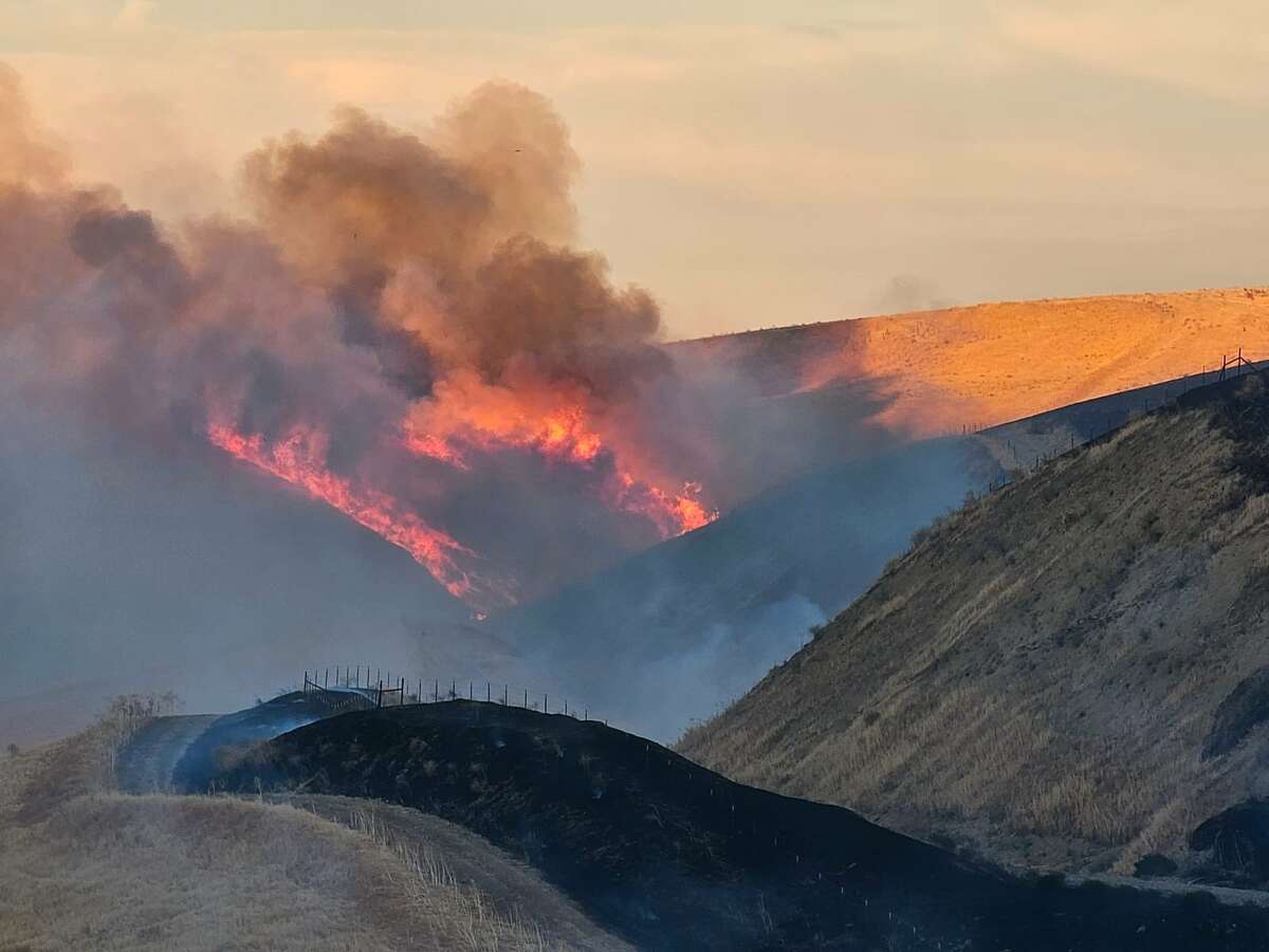 Blaze set off by car fire chars 80 acres along East Bay highway