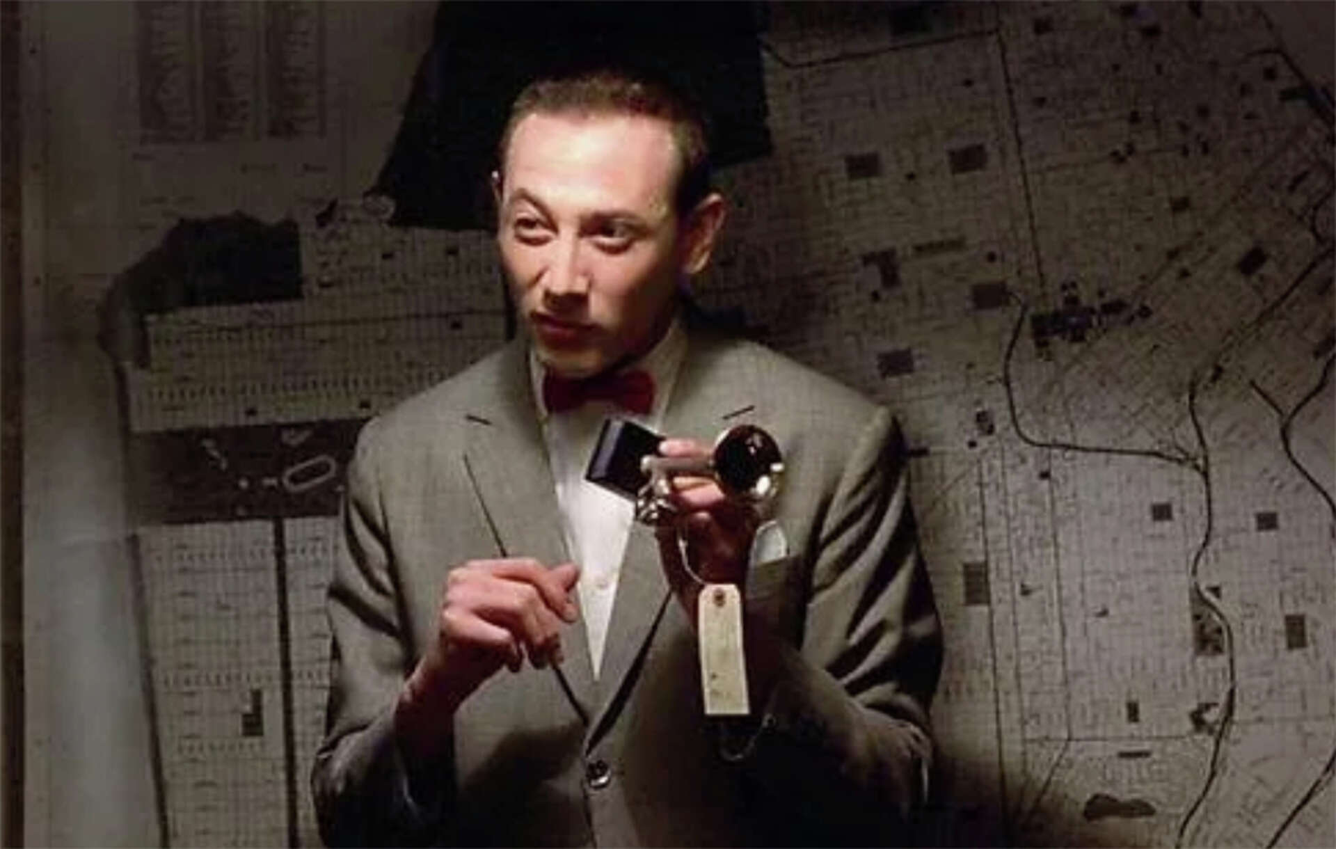 Behind-the-scenes photo of Pee-wee Herman filming at Alamo