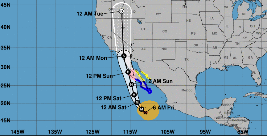 Map shows Hurricane Hilary's probable storm track toward California