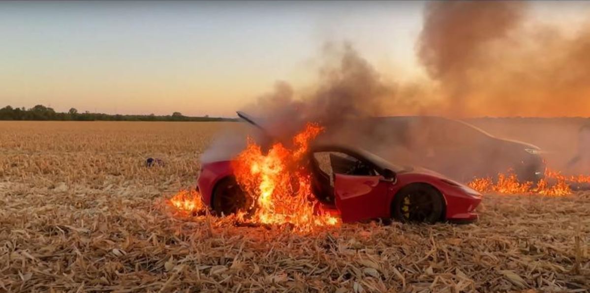 Influencer burns up Ferrari driving through Texas cornfield
