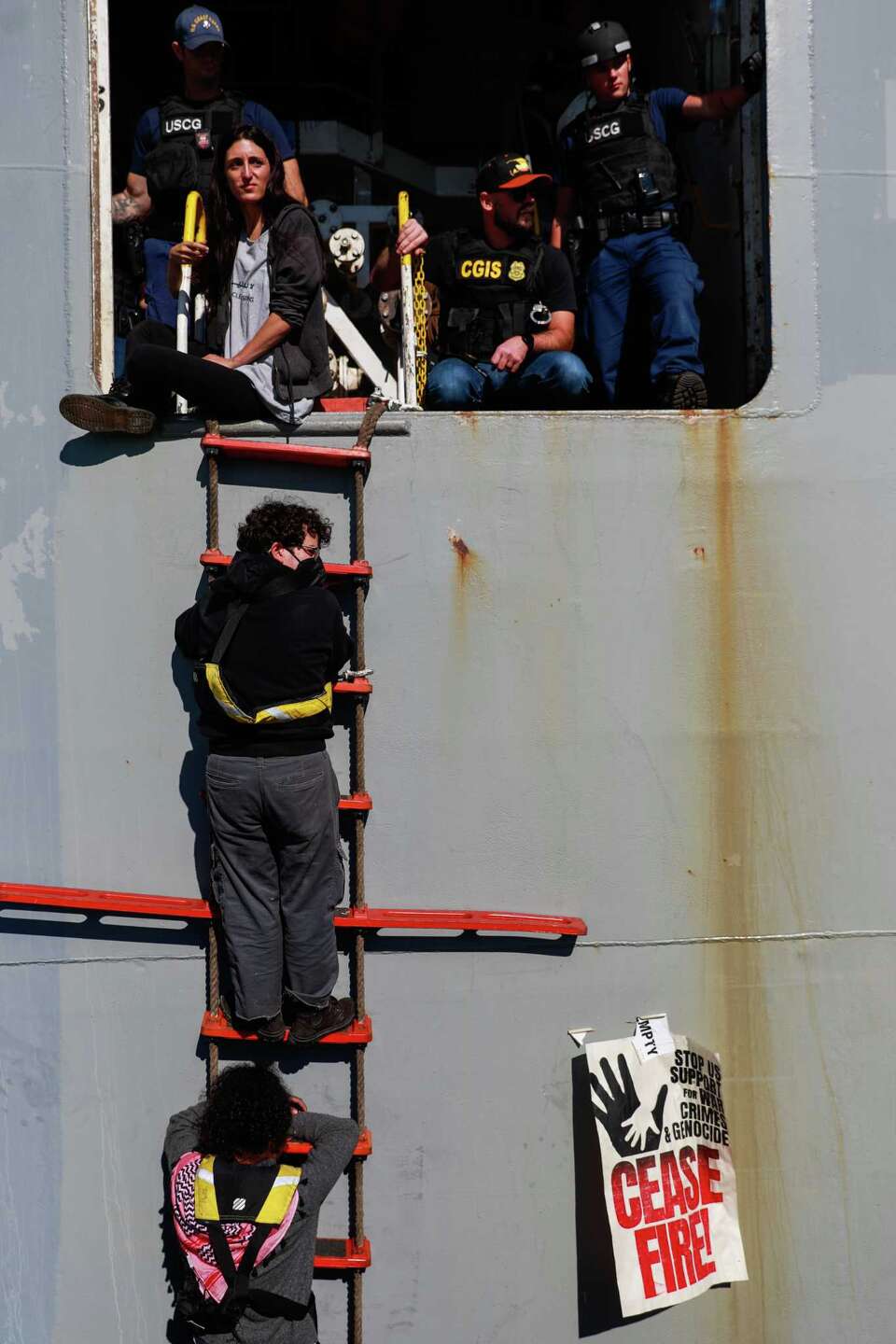 Pro-Palestinian protesters storm U.S. military ship at Port of Oakland